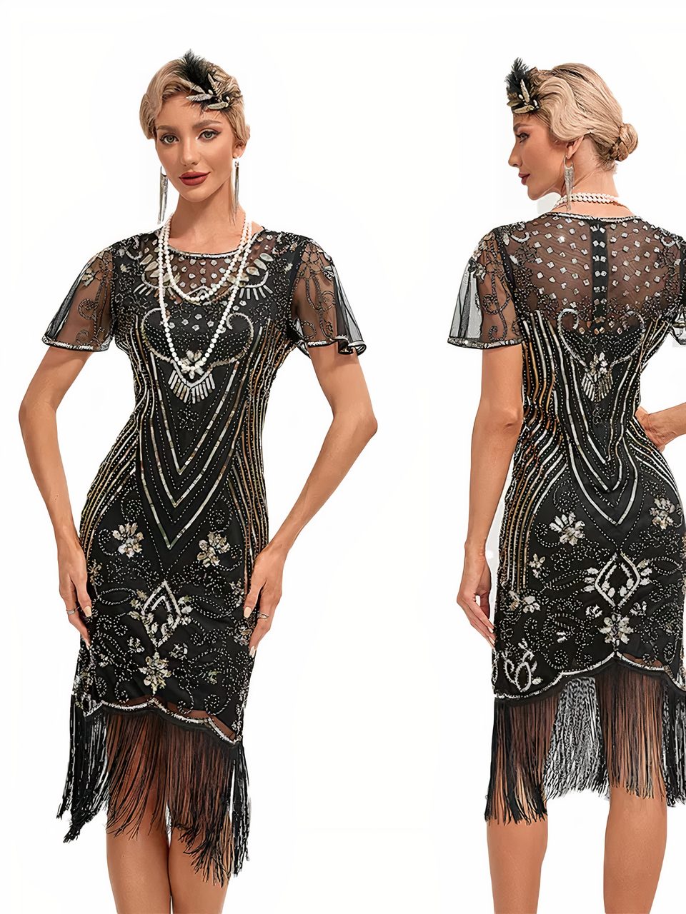 Robe années 20 encolure et manches en voile transparent • Robe chic